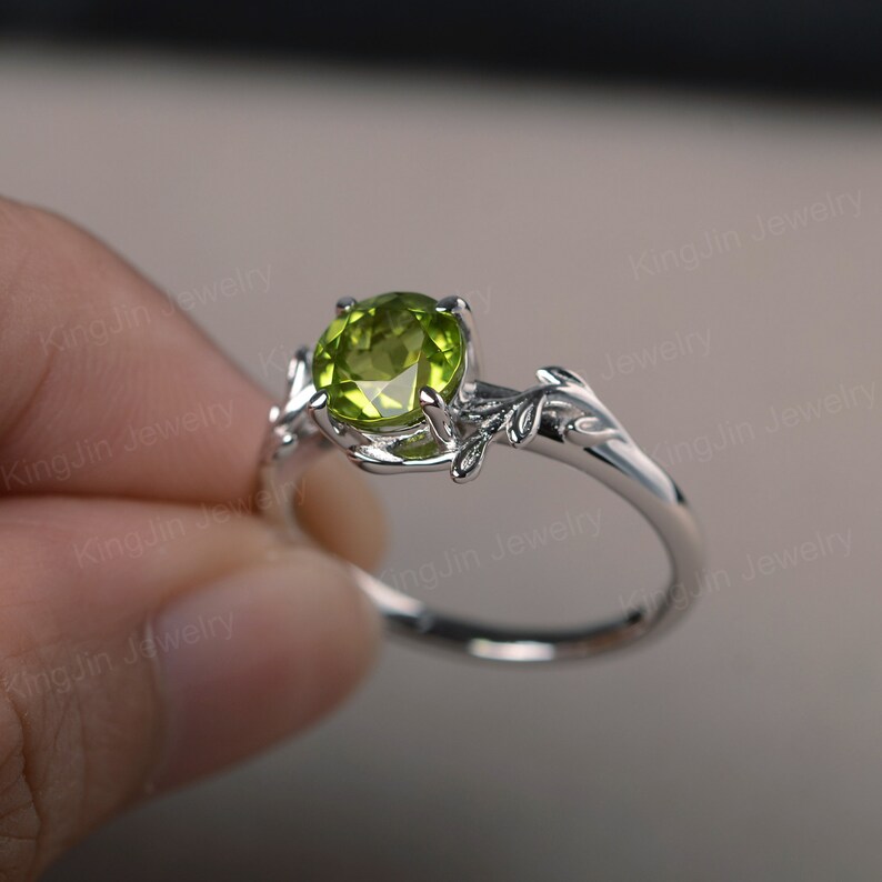 Real Peridot Ring August Birthstone Ring Round Cut Leaves Ring - Etsy