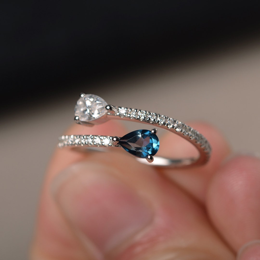 Bypass Ring Pear Cut Real London Blue Topaz Moissanite Ring Adjustable ...