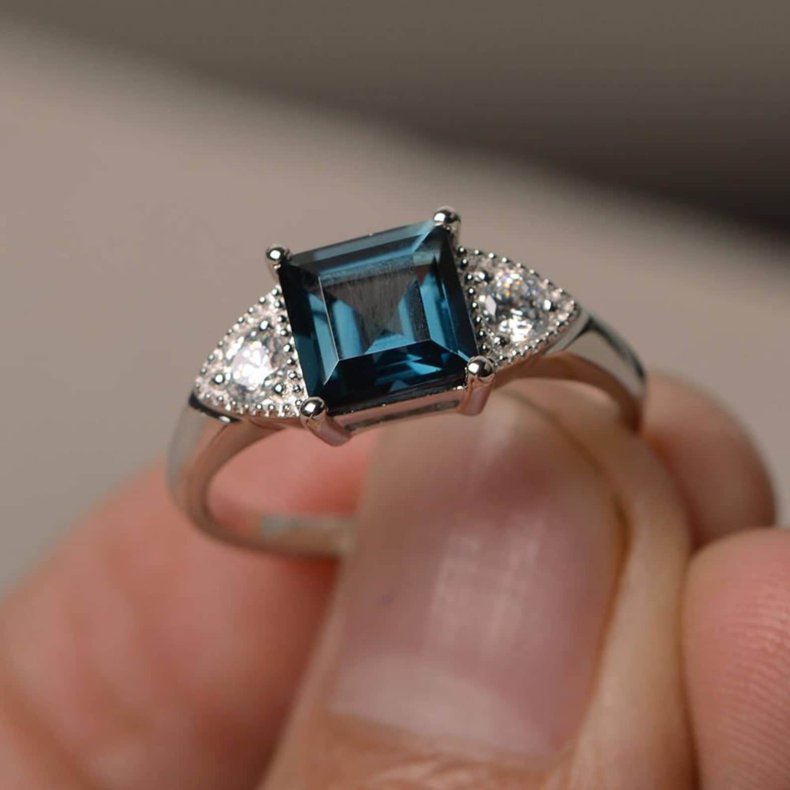 London Blue Topaz Ring Wedding Ring Square Cut Blue Gemstone Sterling ...