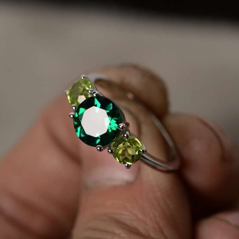 Lab Emerald Ring Peridot Ring Three Stone Ring Promise Ring - Etsy
