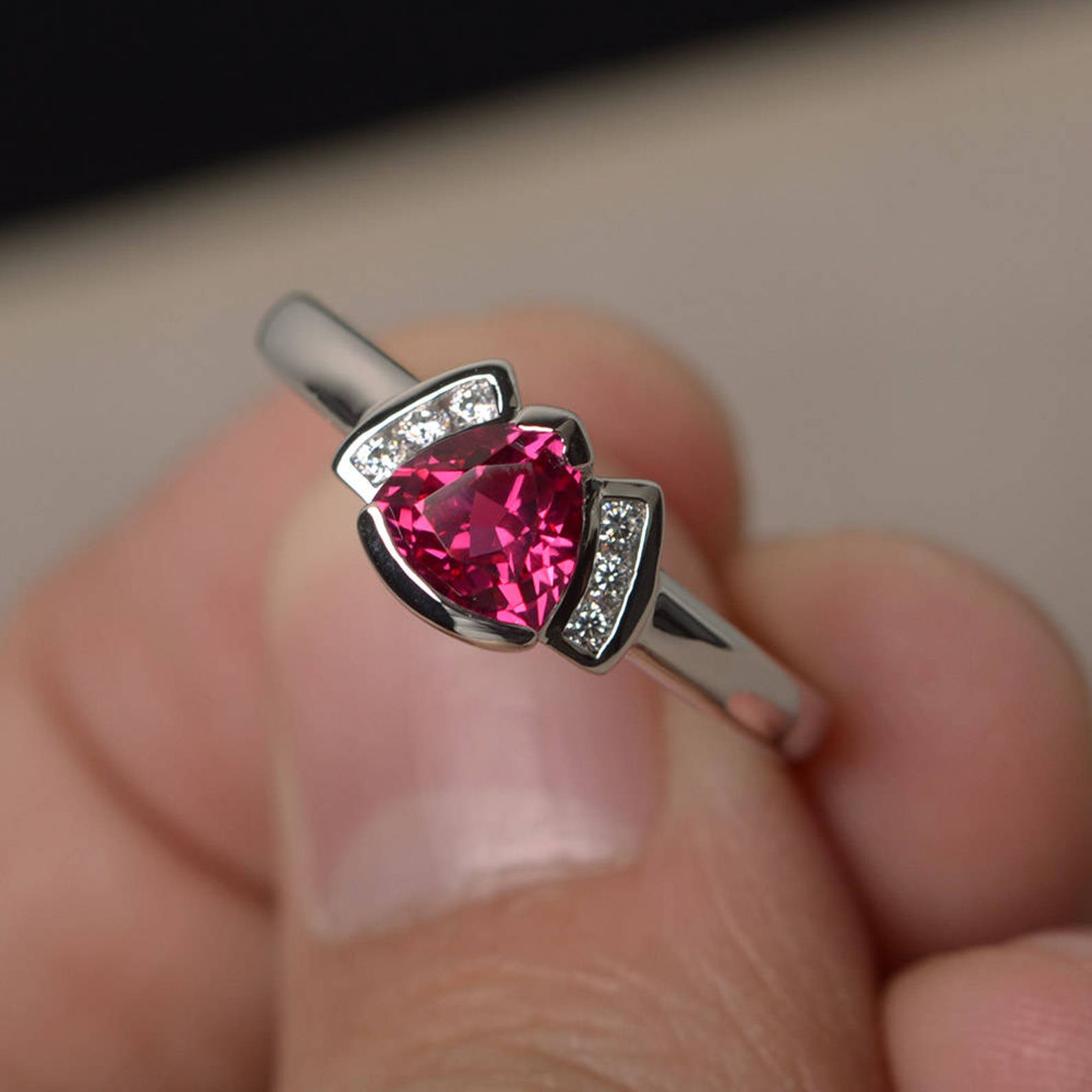 Engagement Ruby Rings Trillion Cut Rings Silver Ring Red - Etsy