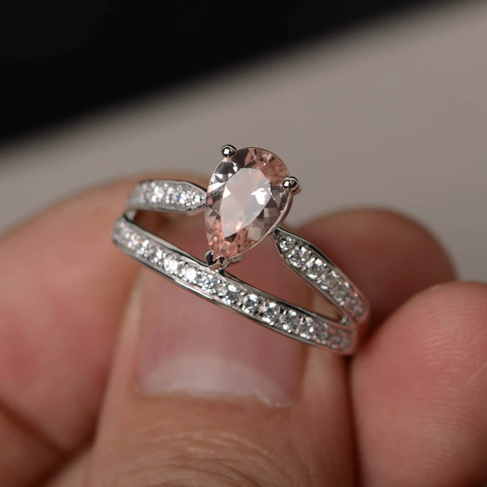Tear Drop Morganite Engagement Ring Pink Gemstone Ring Crown - Etsy