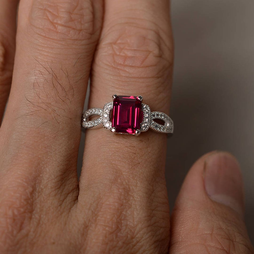 Lab Ruby Ring Silver Emerald Cut Engagement Ring Women's Ring Gemstone ...