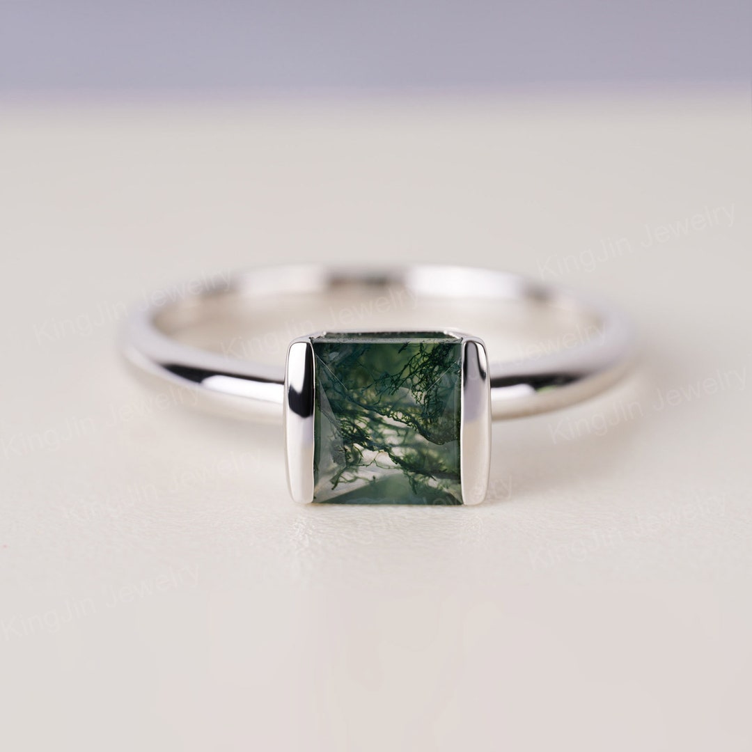 Simple Natural Moss Agate Ring Sterling Silver Square Cut Half Bezel ...