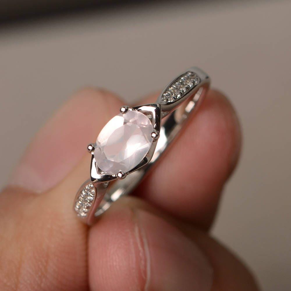 Natural Rose Quartz Ring Wedding Ring Pink Gemstone Oval Cut Gems ...