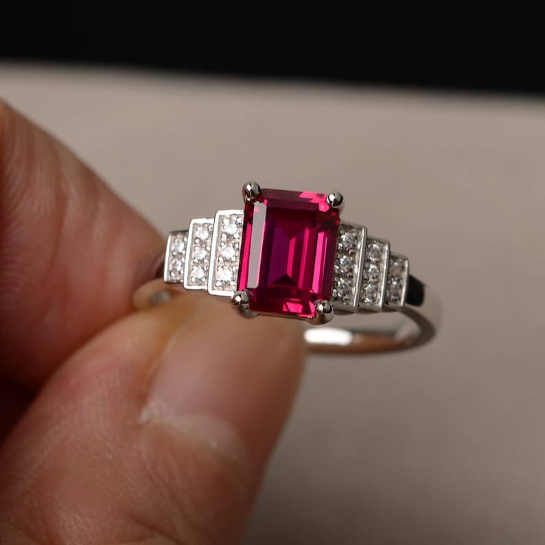 Lab Ruby Ring Anniversary Ring Emerald Cut Ring Sterling - Etsy