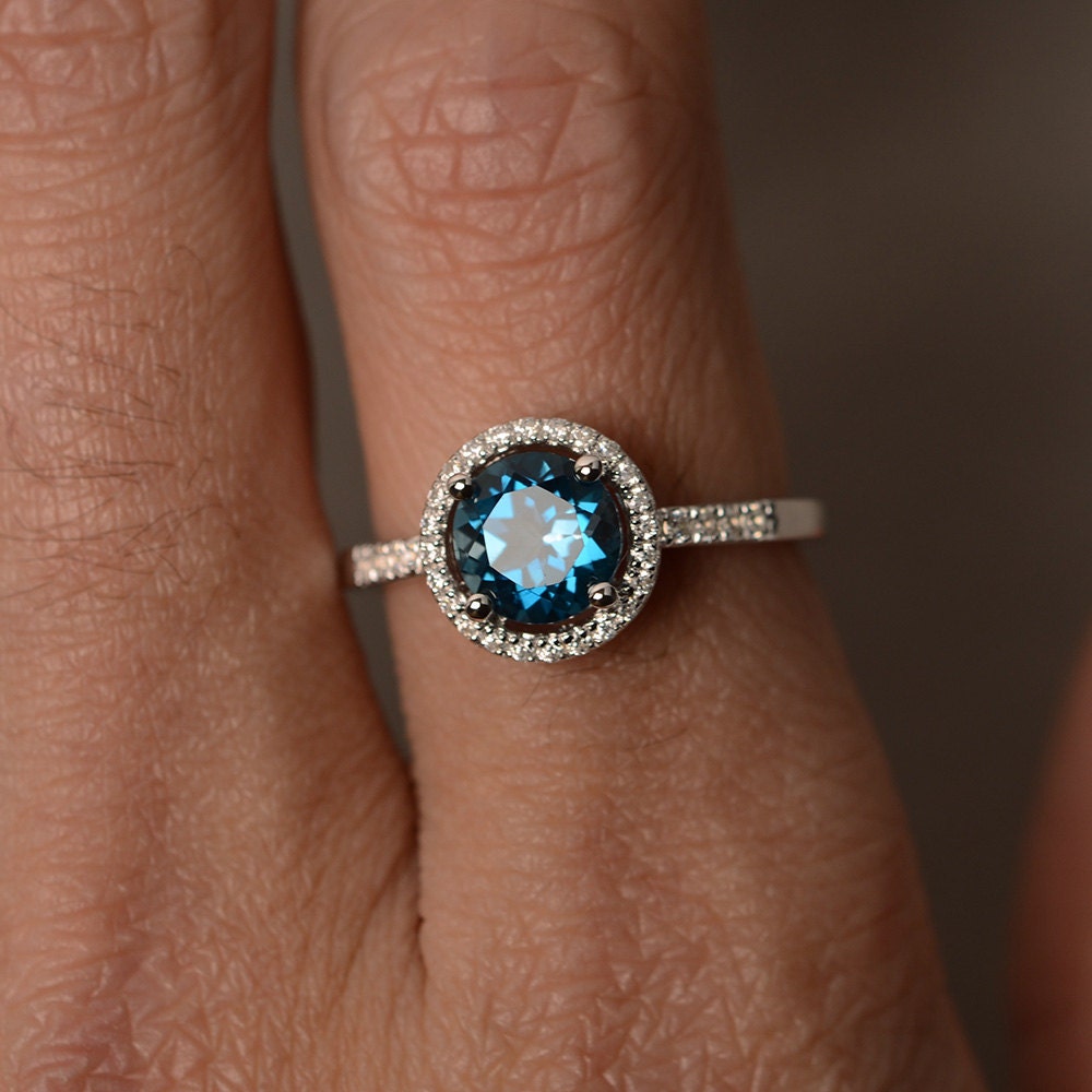 London Blue Topaz Rings Halo Ring Blue Topaz Engagement Rings | Etsy