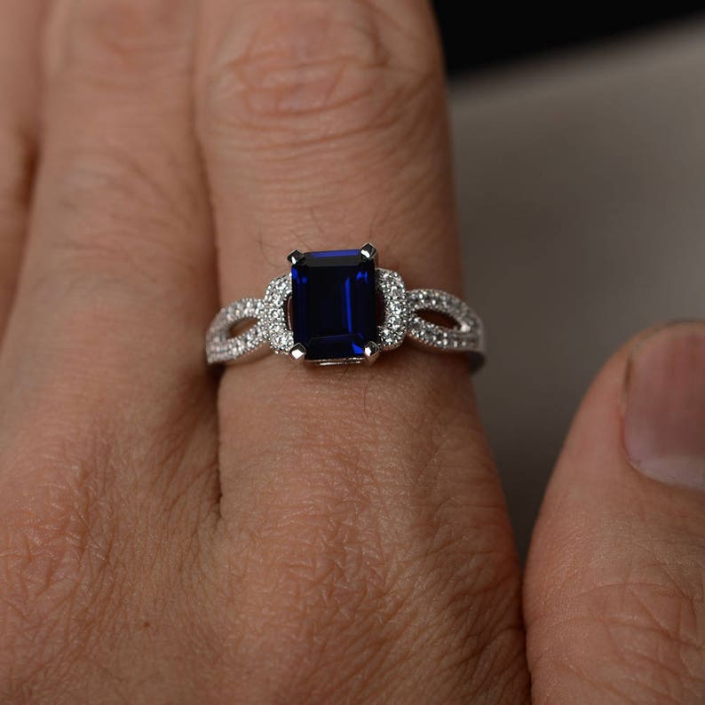 Lab Sapphire Engagement Ring Emerald Cut Gemstone Jewelry - Etsy