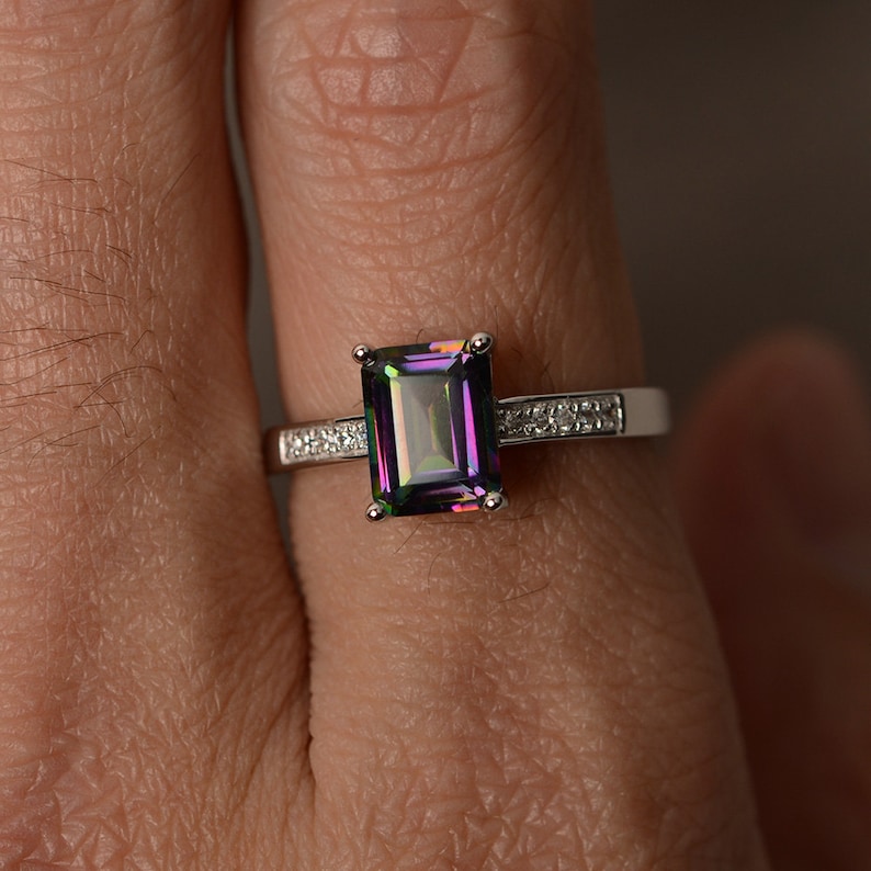 Rainbow Mystic Topaz Rings Emerald Cut Gemstone Rings Etsy Uk