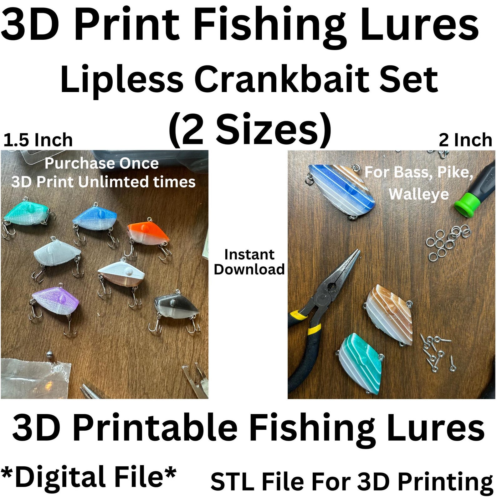 3D Print Fishing Lures Files (2 Sizes) Lipless Crankbait STL 3MF for 3D ...
