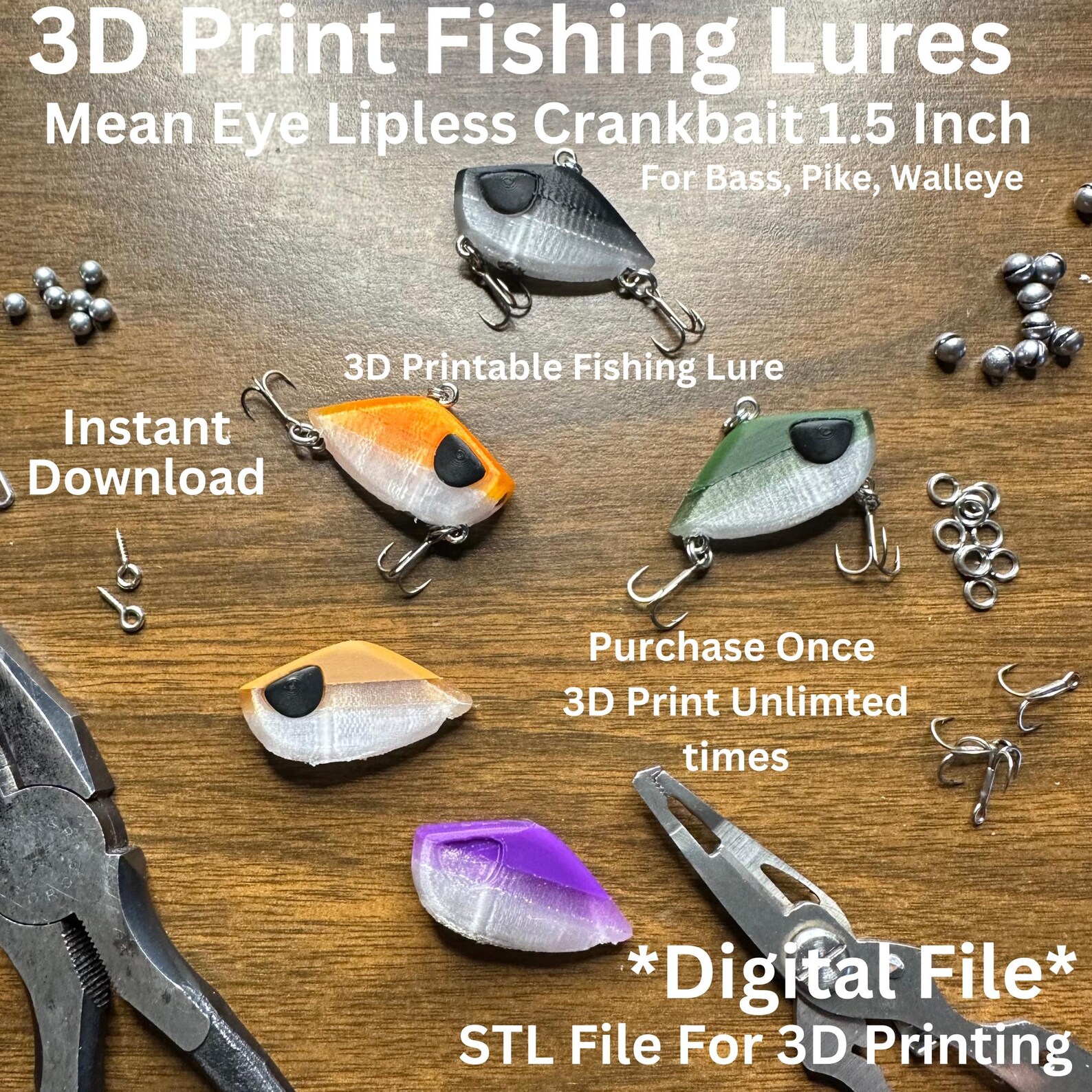 3D Print Fishing Lures 1.5 Inch Mean Eye Lipless Crankbait STL File for ...