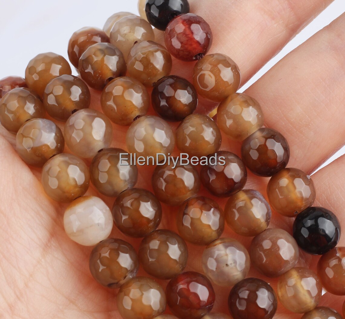 8mm Faceted Brown Round Stripe Agate, Smooth Loose Agate, Jewelry ...