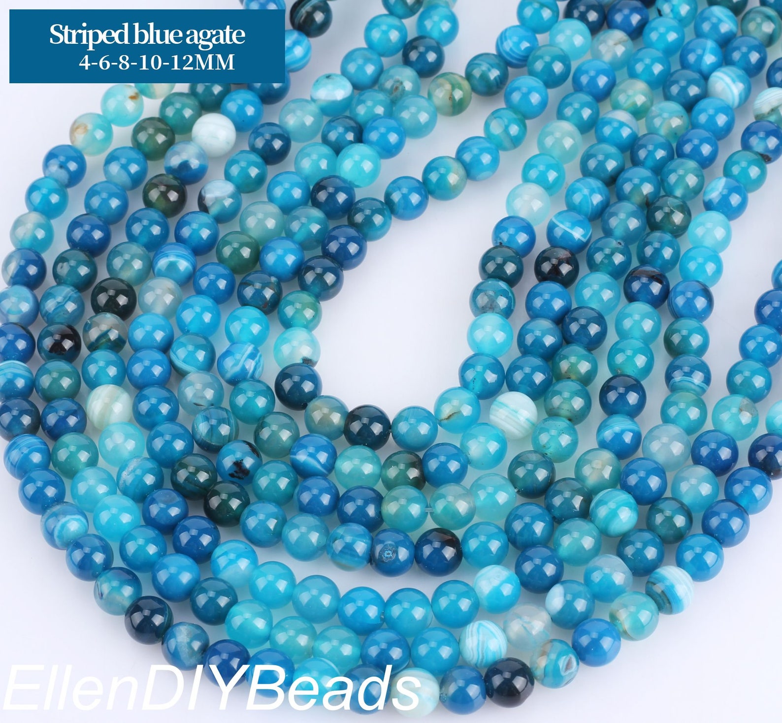 4/6/8/10/12mm Blue Striped Agate Beads, Round Smooth Gemstone Beads ...