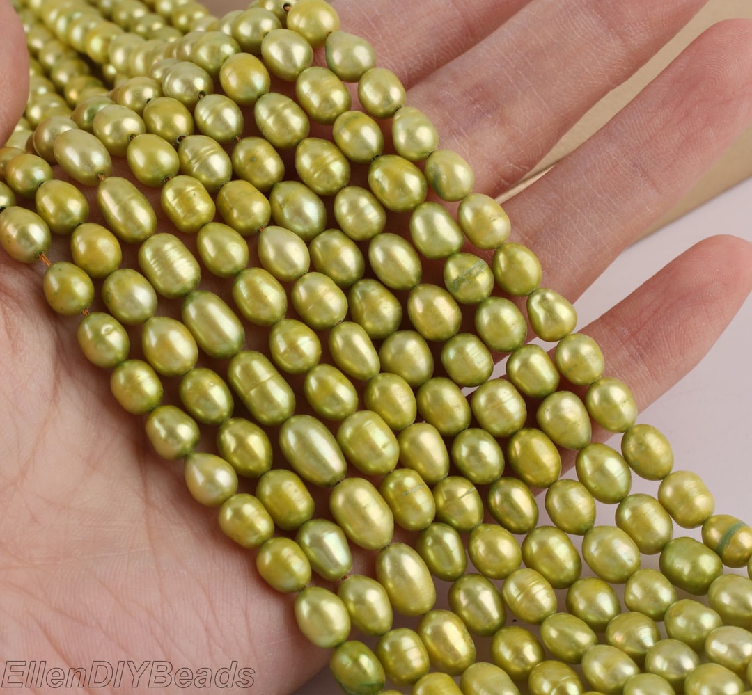 5-6mm Apple Green Potato Pearl Beads, Rice Shape Freshwater Pearl Beads ...