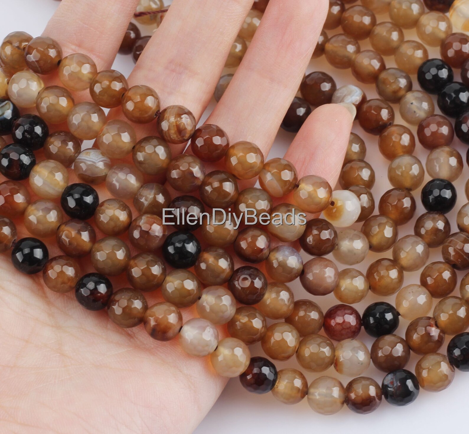 8mm Faceted Brown Round Stripe Agate, Smooth Loose Agate, Jewelry ...