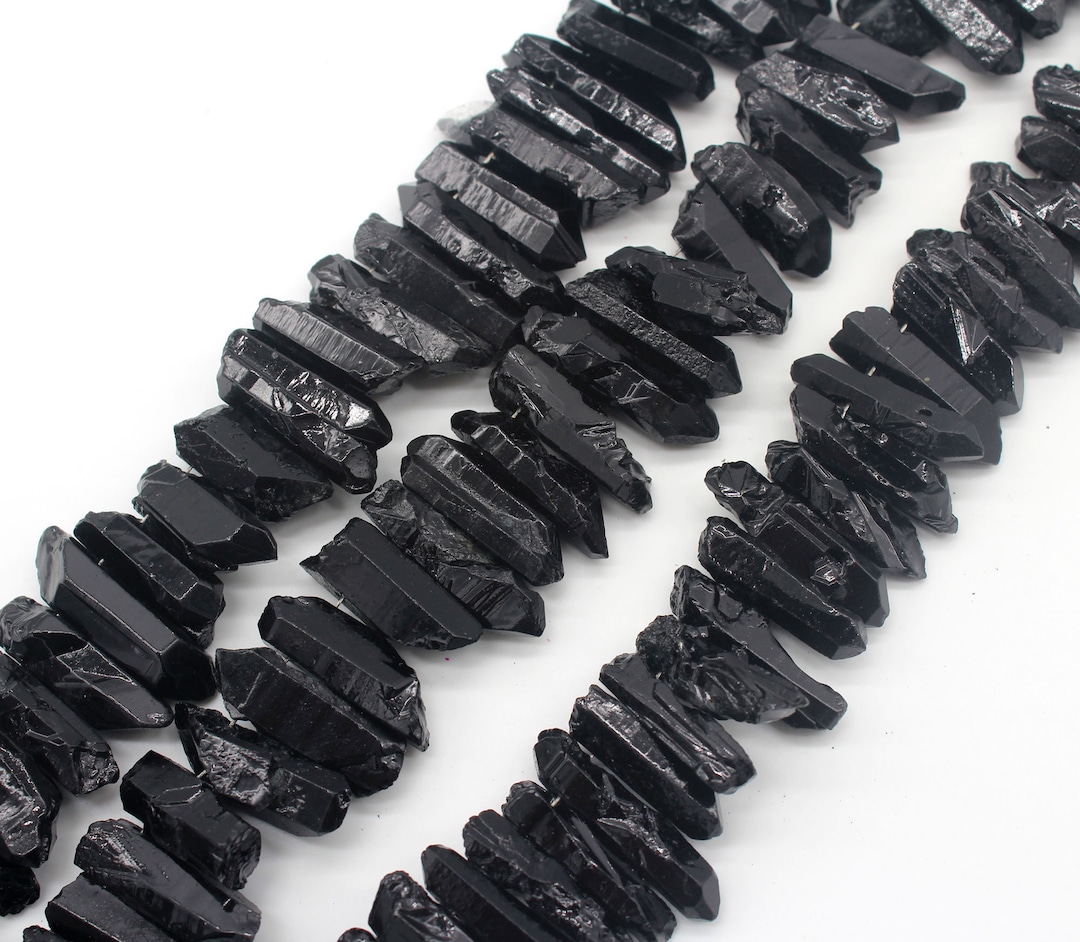 Black Titanium Quartz Top Drilled Stick Points Strand, Natural Quartz Points Beads, Rough ...