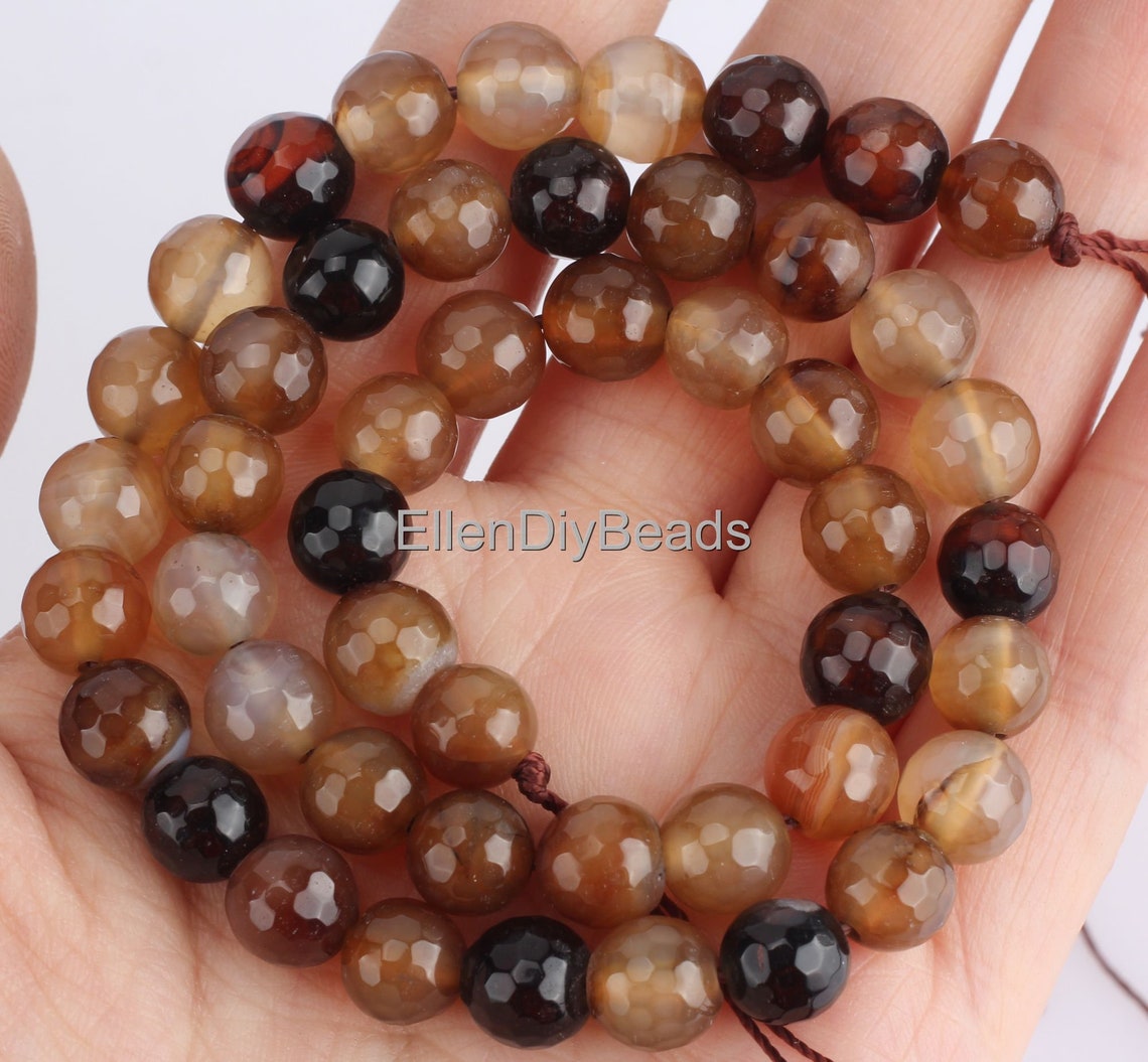 8mm Faceted Brown Round Stripe Agate, Smooth Loose Agate, Jewelry ...