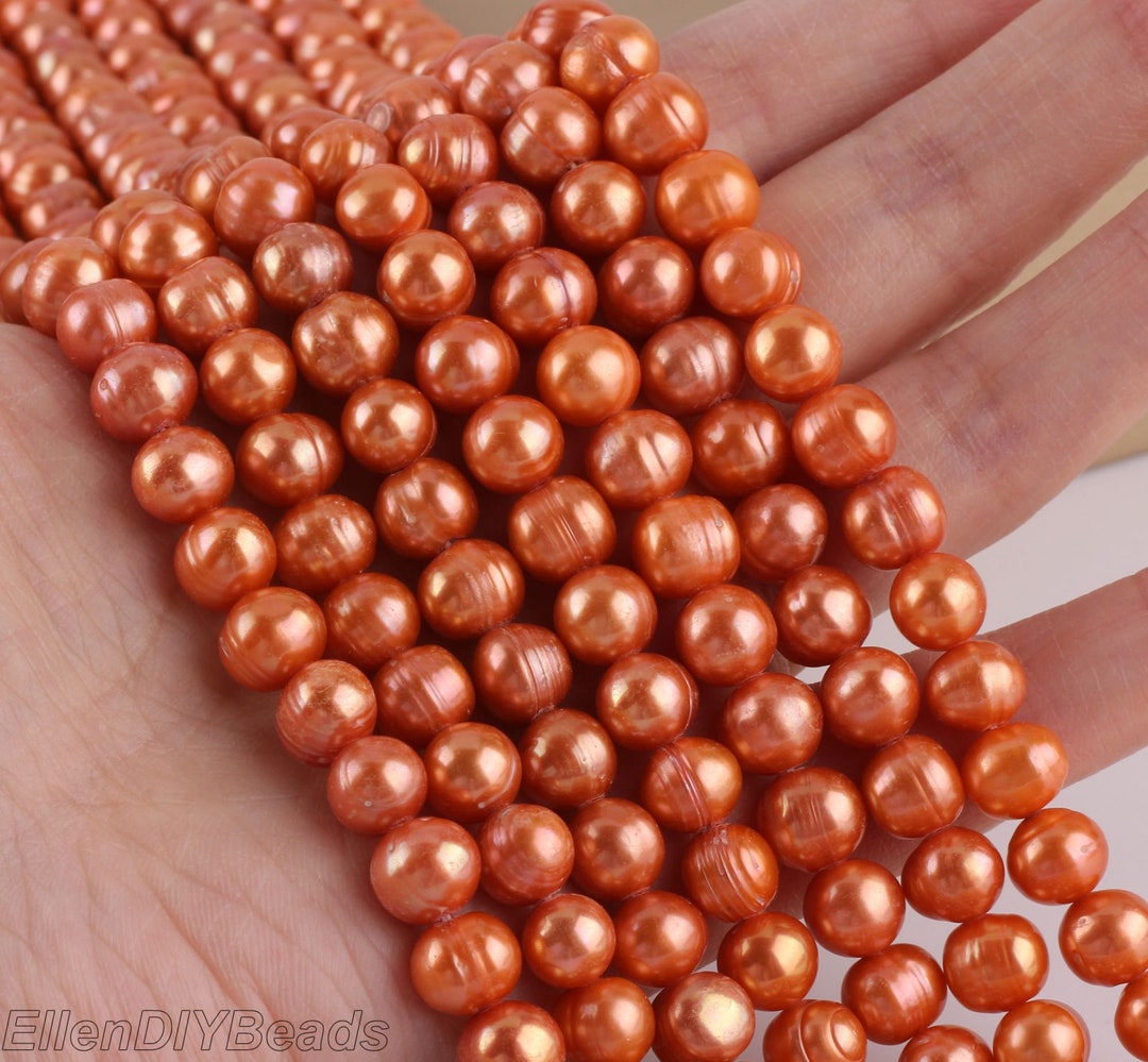 8-9mm Orange Potato Shape Pearls, Nearly Round Pearls, Bright Color ...