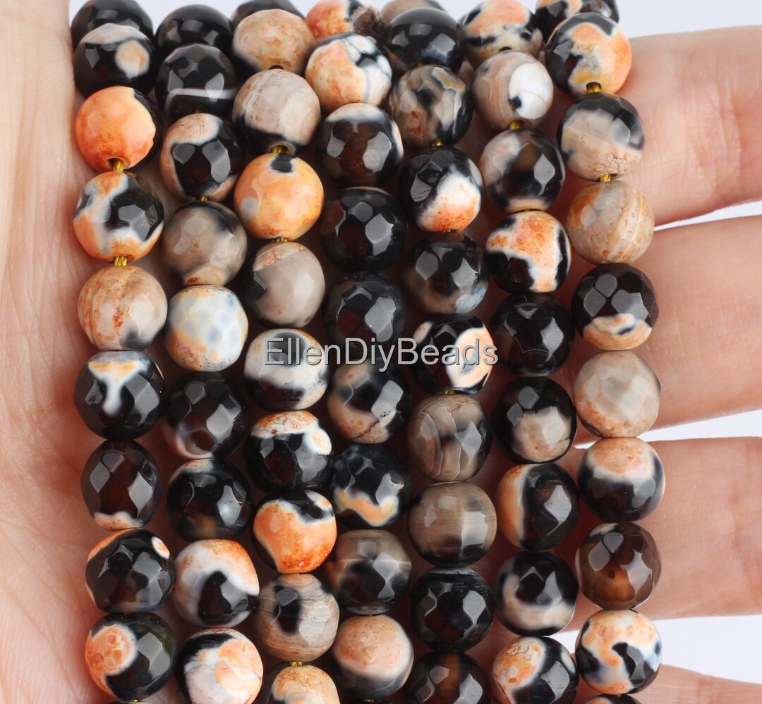 8mm Faceted Black Orange White Fire Agate, Loose Agate, Jewelry ...
