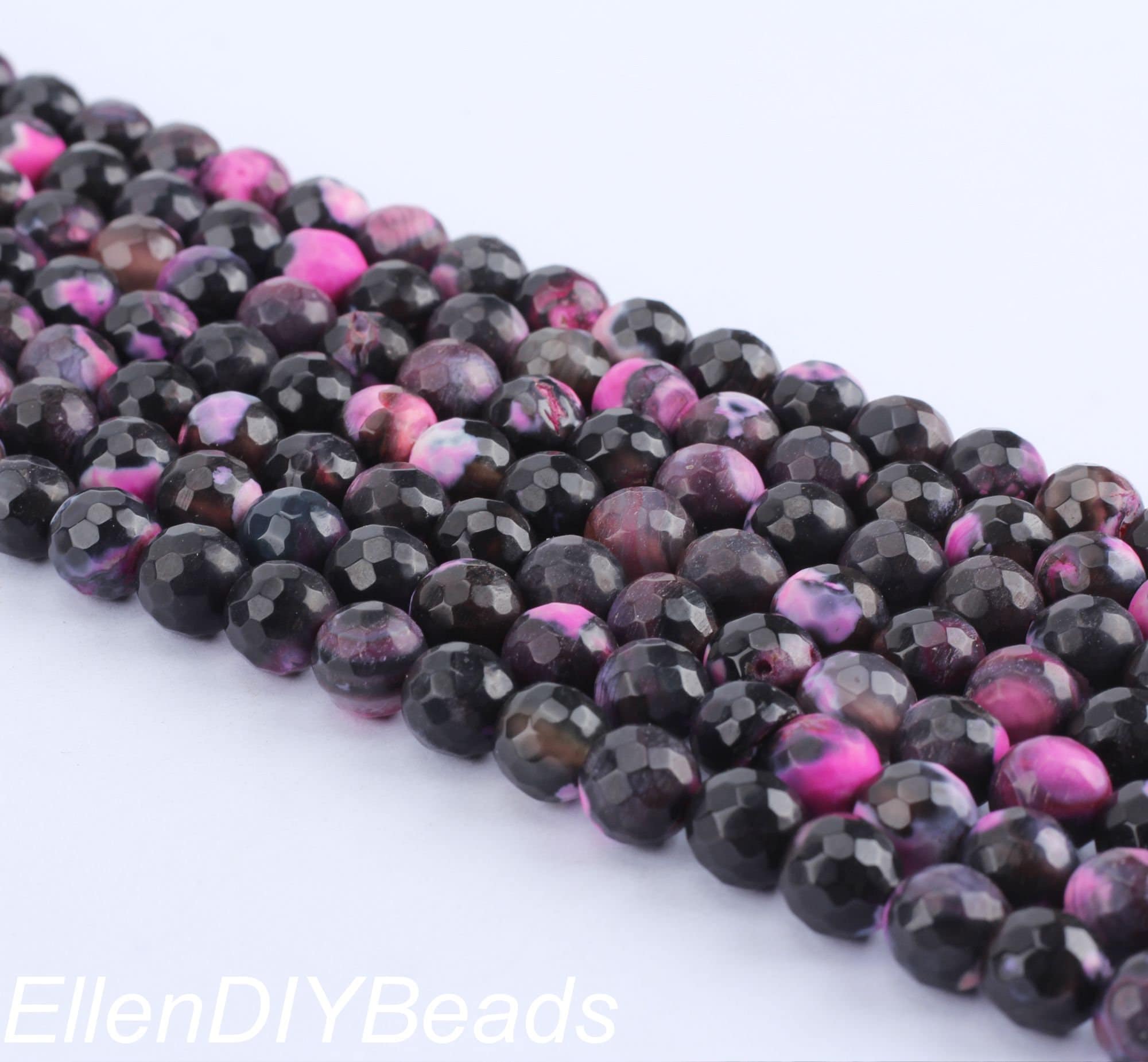 Faceted Black Pink Fire Agate, Nearly Round Smooth Loose Beads, Dark ...