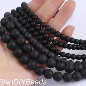 4-12mm Matte Black Crystal, Round Frosted Gemstone Beads, Healing ...