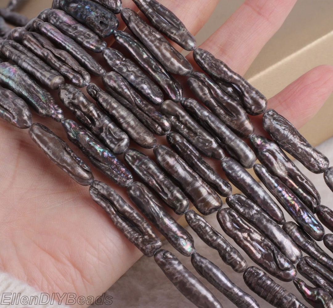 6-7x22-24mm Dark Gray Stick Biwa Pearls, Long Pearl Beads, Natural ...