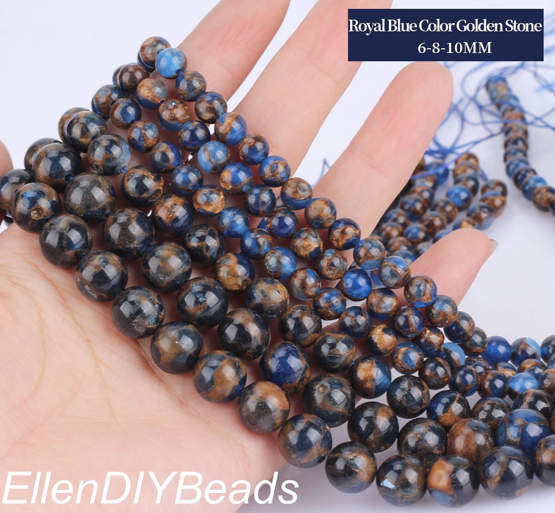 6/8/10mm Royal Blue Color Golden Stone Beads, Smooth Mosaic Gemstone ...