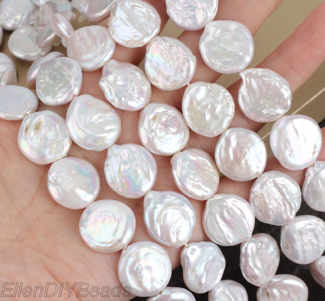 16-17mm Large Coin Pearl Beads, White Freshwater Cultured Pearls, Big ...