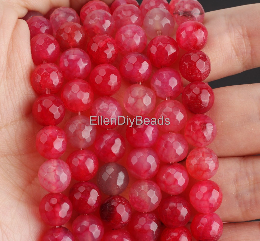 8mm Faceted Rose Red Cracked Agate, Loose Pink Agate, Jewelry Making ...