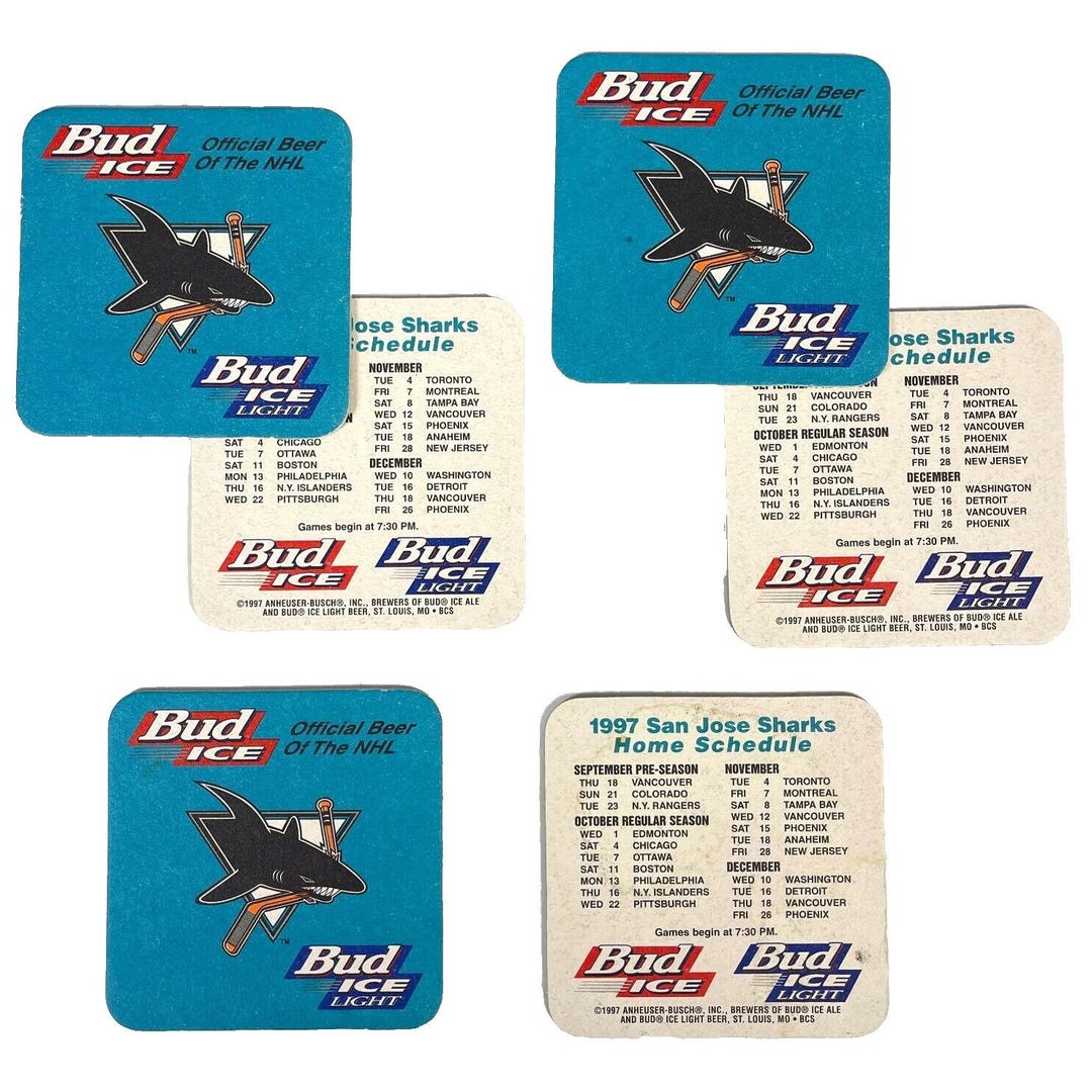 SJ Sharks 1997 Home Schedule Bud Ice Light 6 Vintage Beer Coaster Lot ...