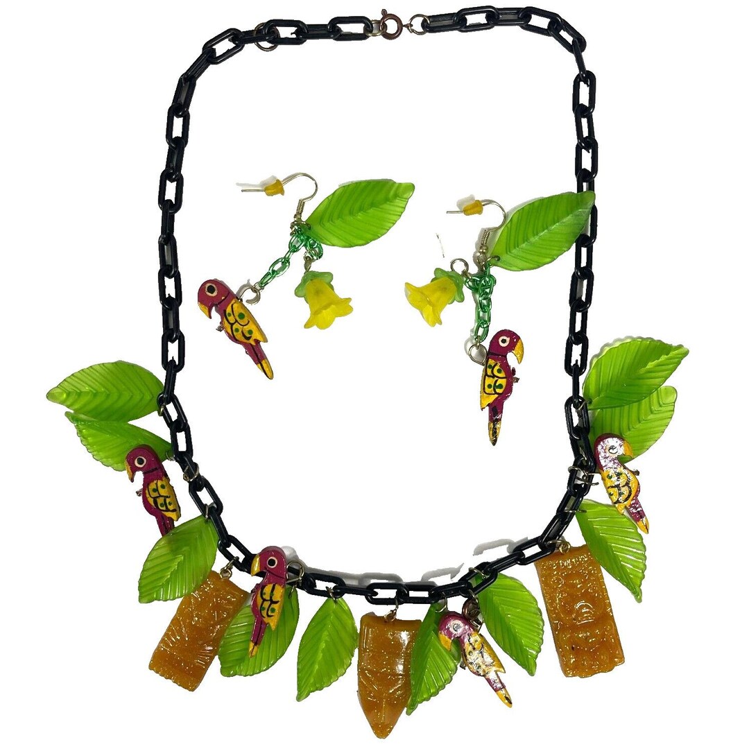 Tropical Tiki Parrot Bird Plastic Chain Necklace + Earrings Leaves ...