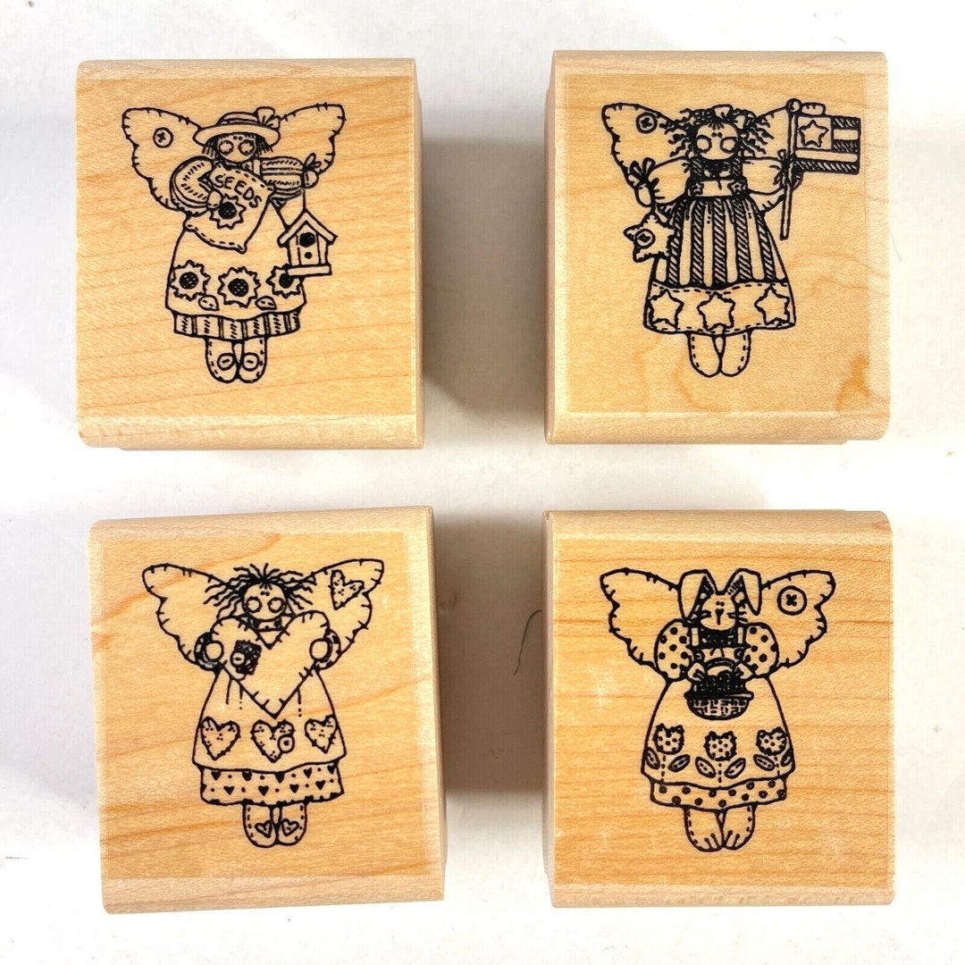 Mini Angels Vintage 4 Rubber Stamp Set W/case Holidays 4th Easter ...