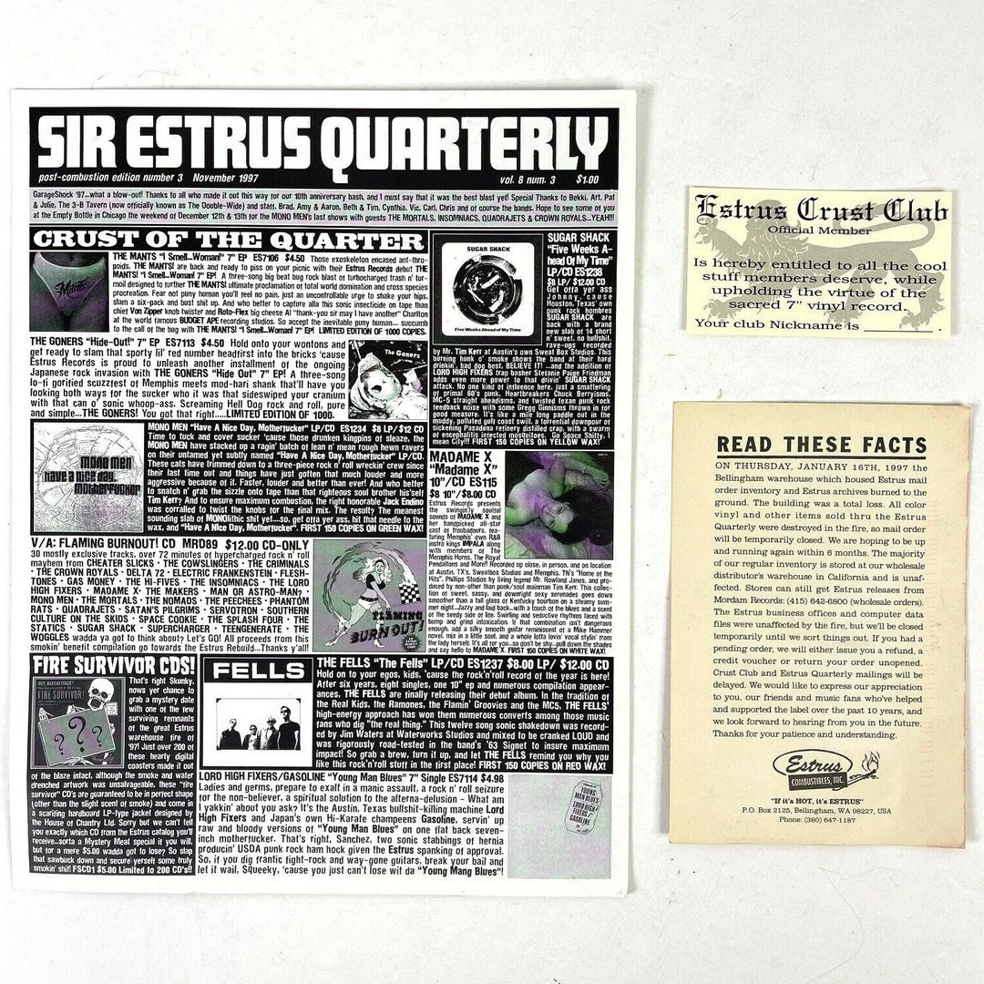 Sir Estrus Vintage Quarterly 1997 Fire Postcard + Crust Club Card + Catalog Tim Kerr Garage Rock ...
