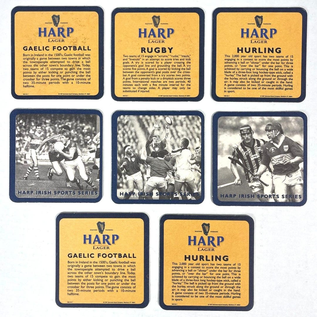 Harp Lager Irish Sports Celtic Football Hurling Rugby 8 Vintage Beer ...
