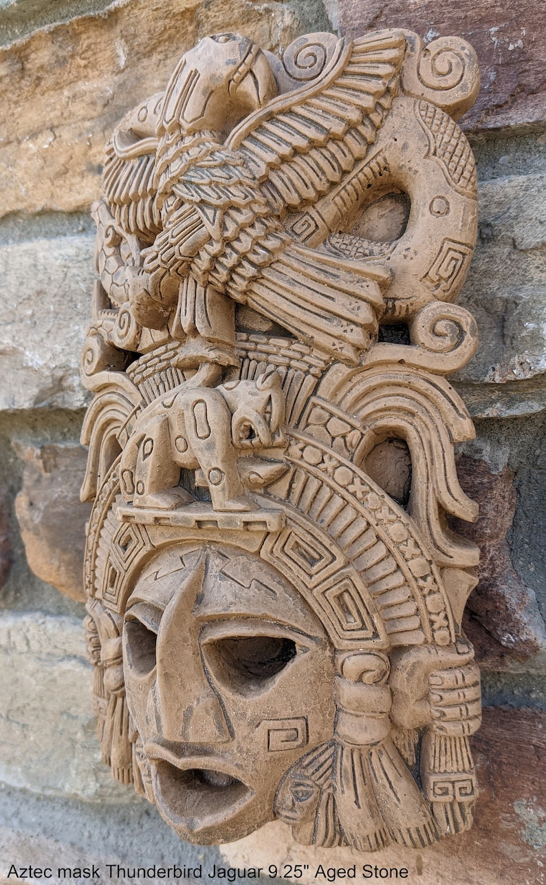 Aztec Maya Artifact Mask Thunderbird Jaguar Sculpture Statue 9.25" Tall ...