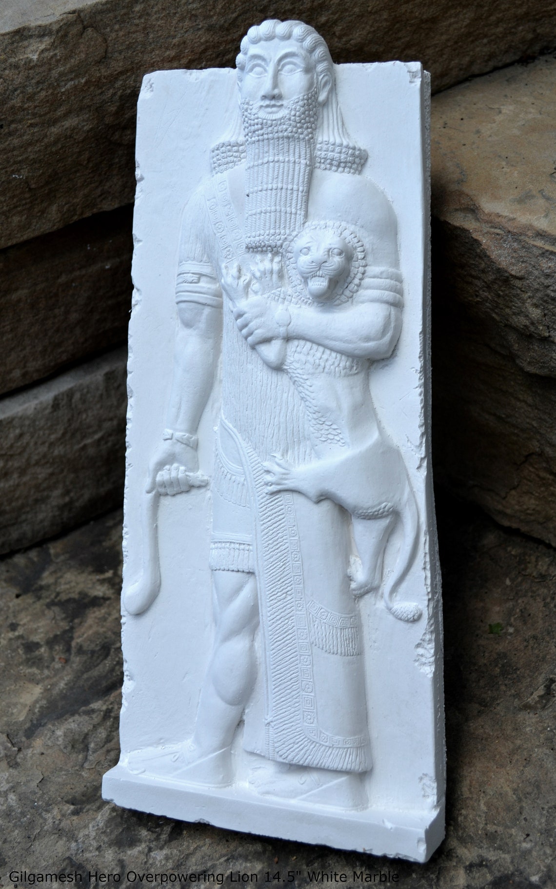 Assyrian Gilgamesh Hero Overpowering a Lion Artifact Carved Sculpture ...