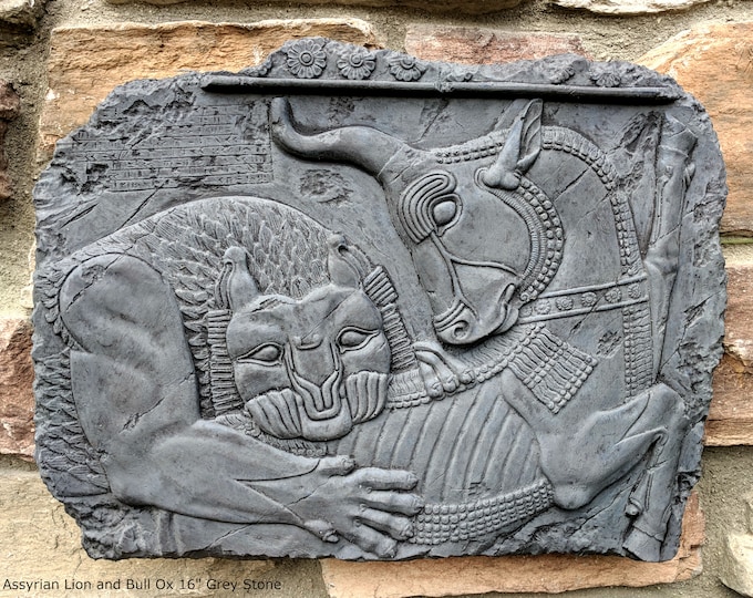 Assyrian Lion and Bull Ox Sculpture Statue Relief Wall Fragment ...