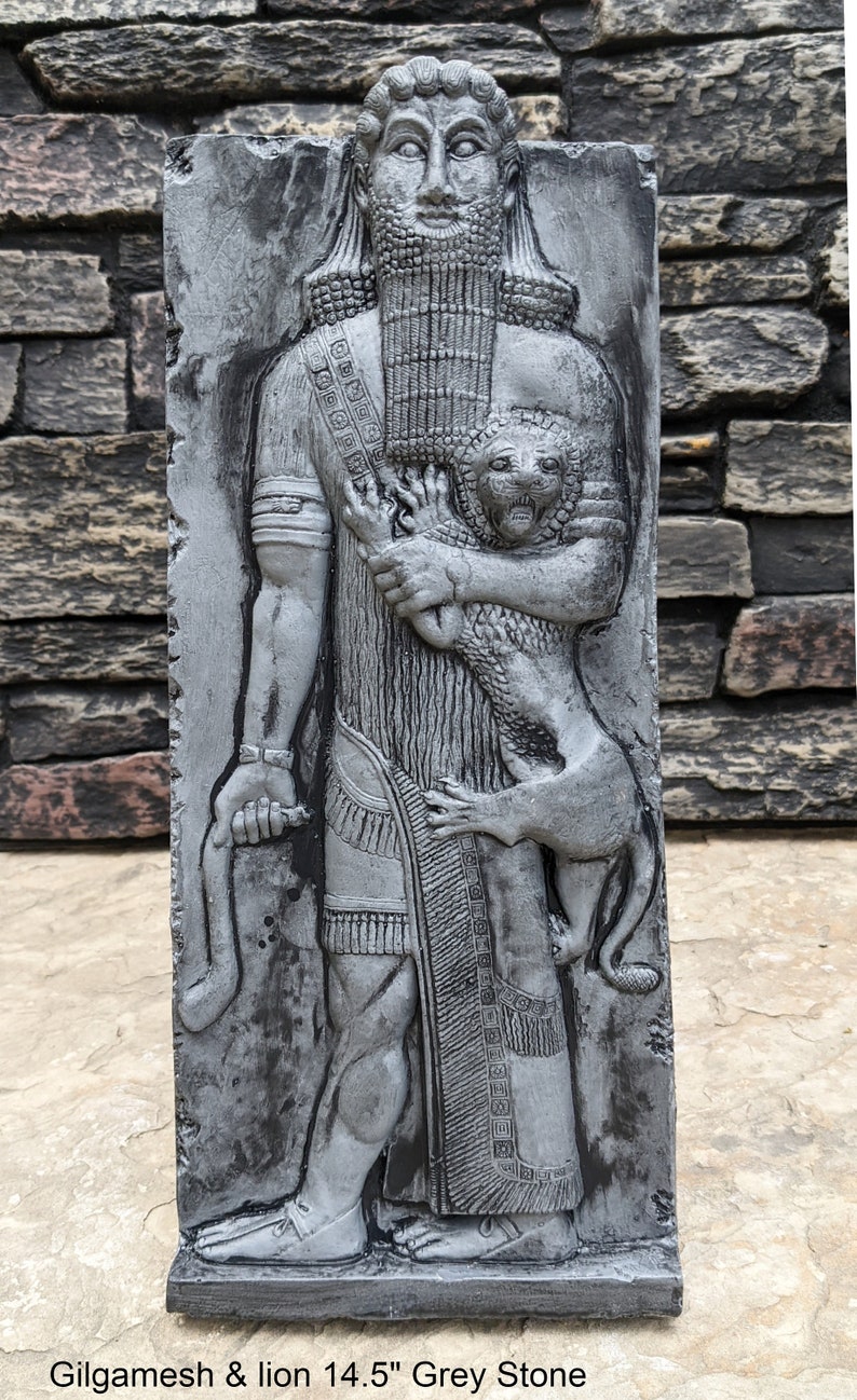 Assyrian Gilgamesh Hero Overpowering a Lion Artifact Carved Sculpture ...