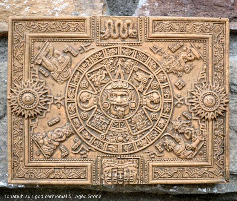 Aztec Mayan Tonatiuh Sun God Ceremonial Relief Sculpture Wall Plaque ...