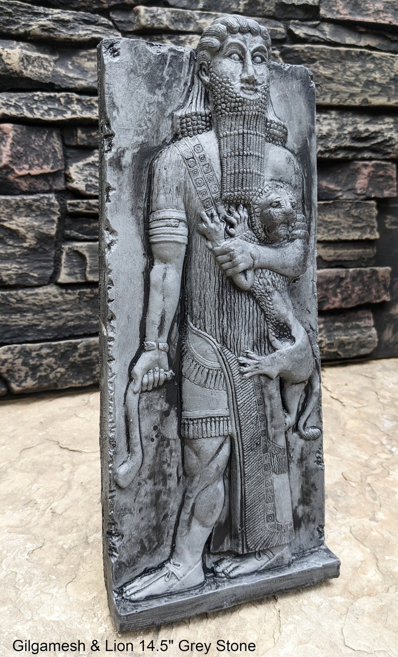 Assyrian Gilgamesh Hero Overpowering a Lion Artifact Carved Sculpture ...