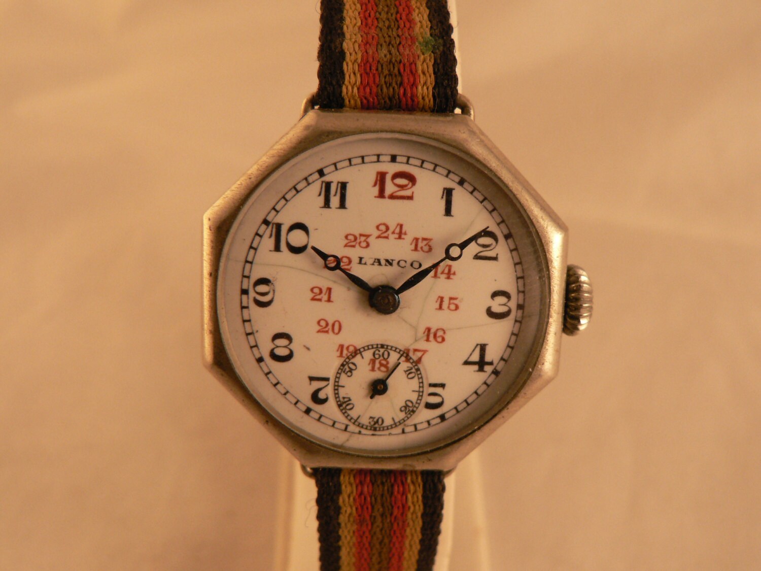 Vintage Lanco Wrist Watch Octagon Shape 15 J Enamel Dial Art