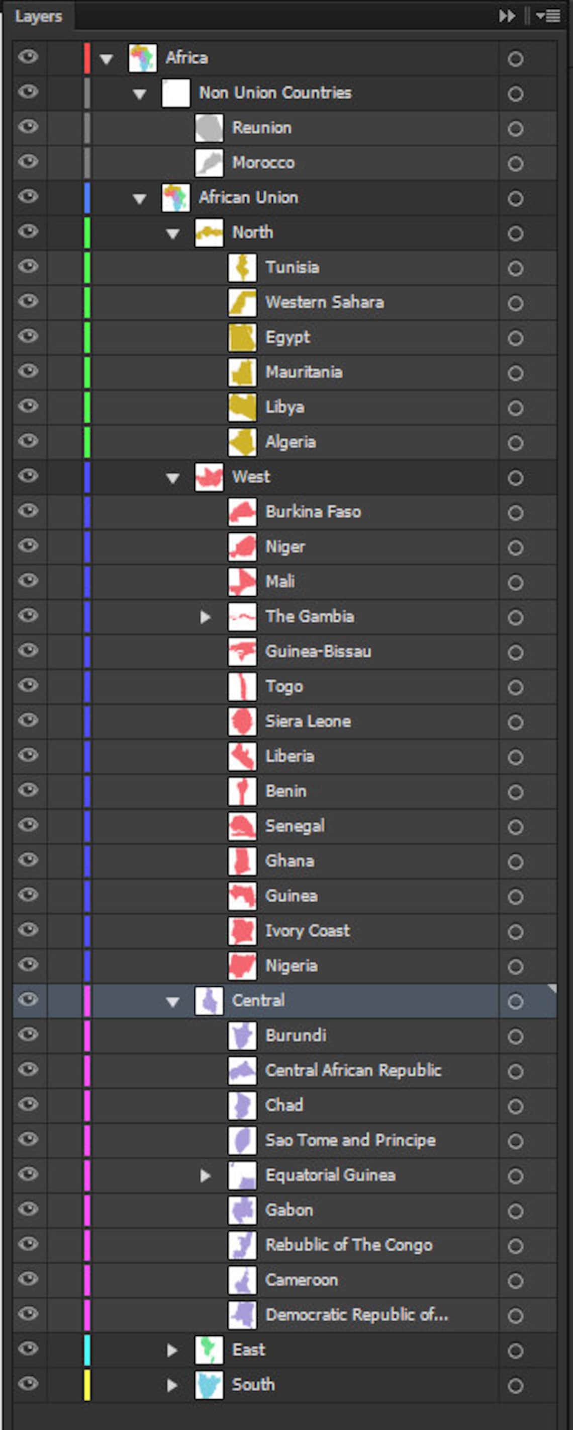 Africa Map Color-coded With Named Countries on Separated Layers ...