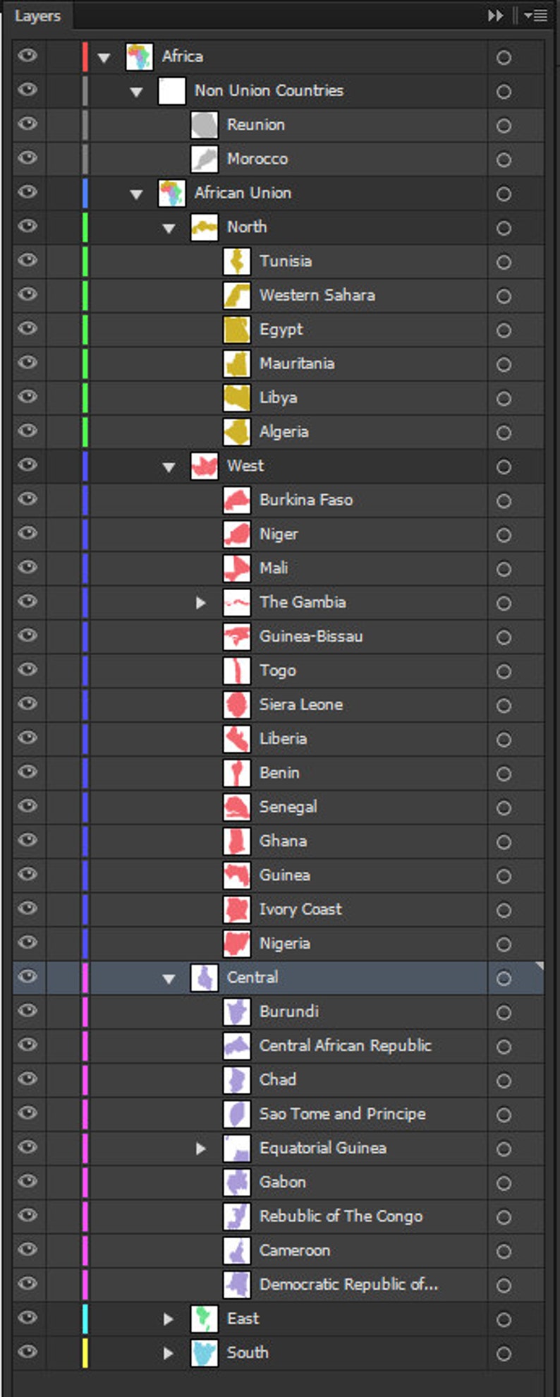 Africa Map Color-coded With Named Countries on Separated Layers ...