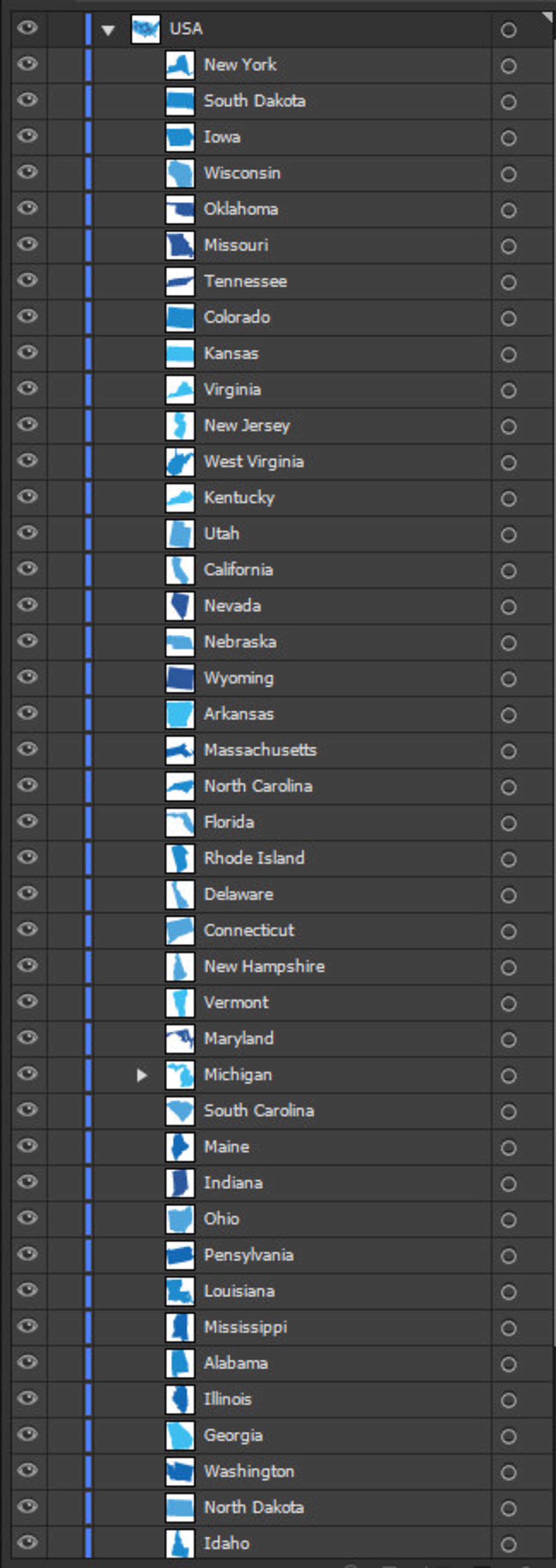 USA Map Color-coded Separate Named Layer States for Easy and Fast ...