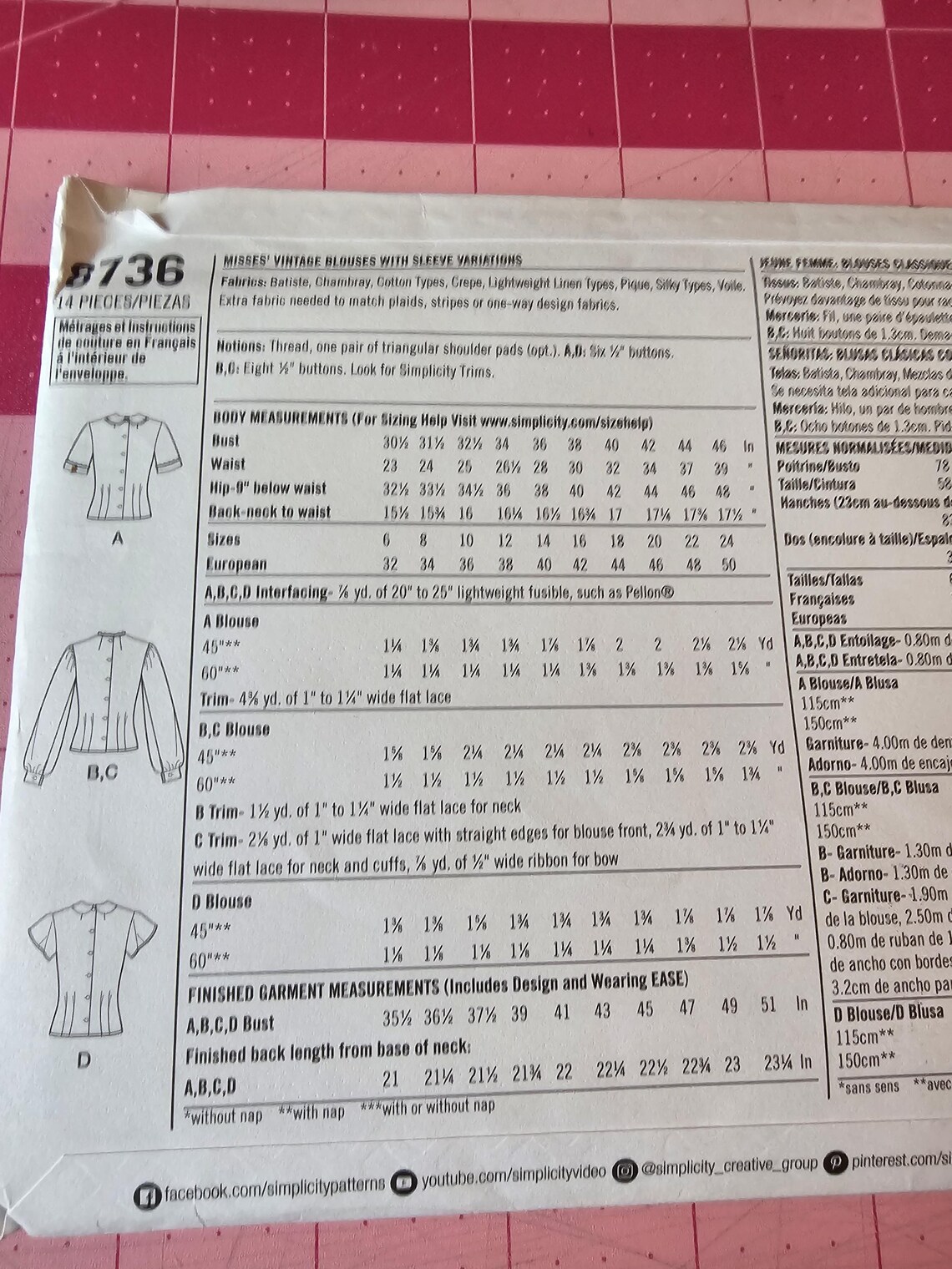 Simplicity Sewing Pattern 8736 Womens Blouses 1940's Reproduction Sizes ...