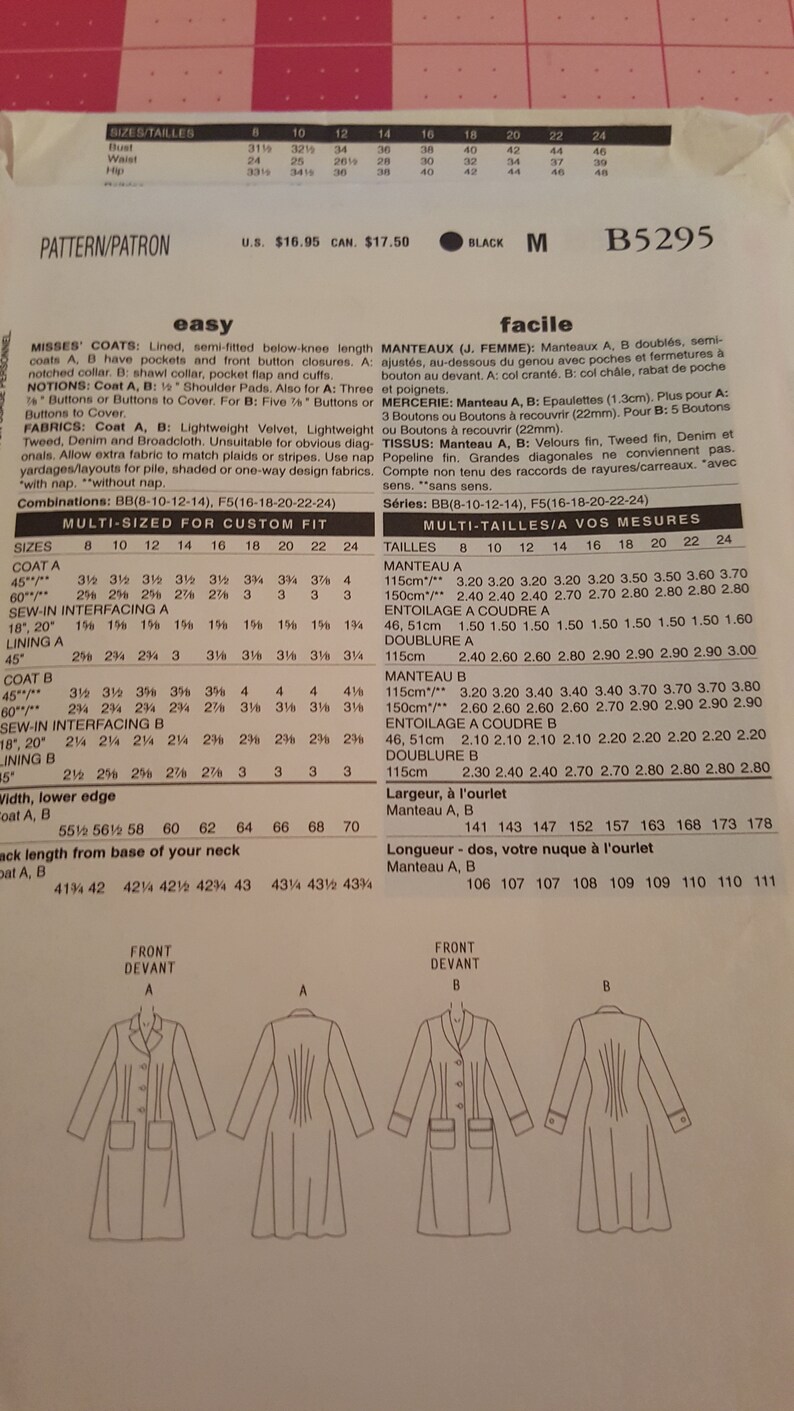 Butterick Pattern B5295 Below Knee Coats Notch or Shawl Collars Sizes ...