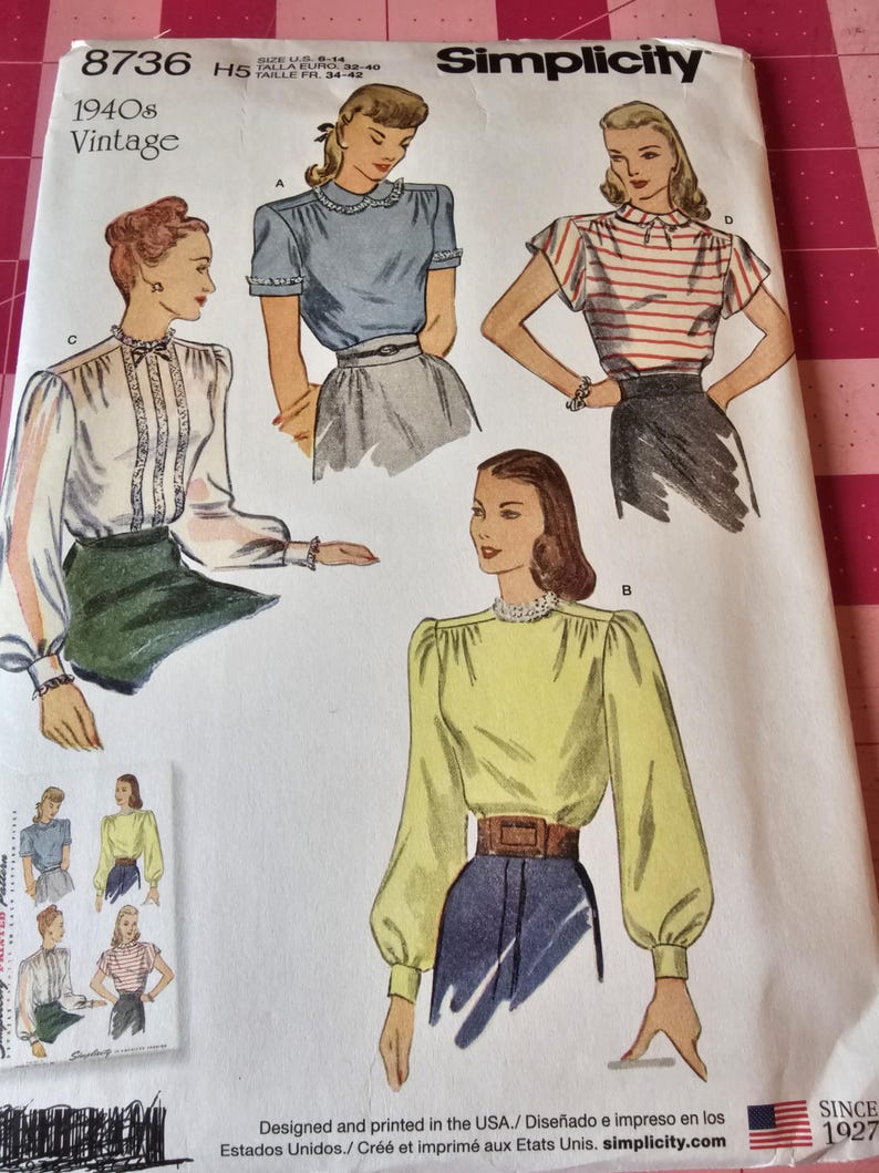 Simplicity Sewing Pattern 8736 Womens Blouses 1940's Reproduction Sizes ...