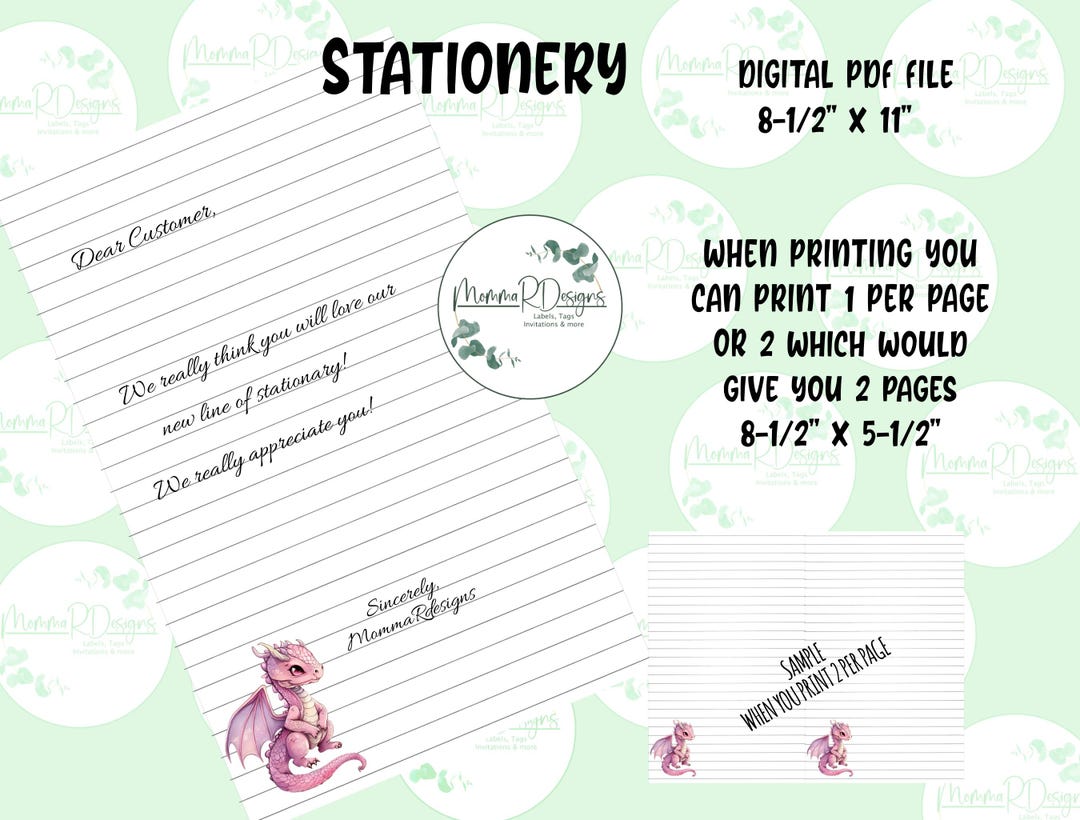 PINK DRAGON Stationery, Fun Stationery, Lined Writing Paper, Digital ...