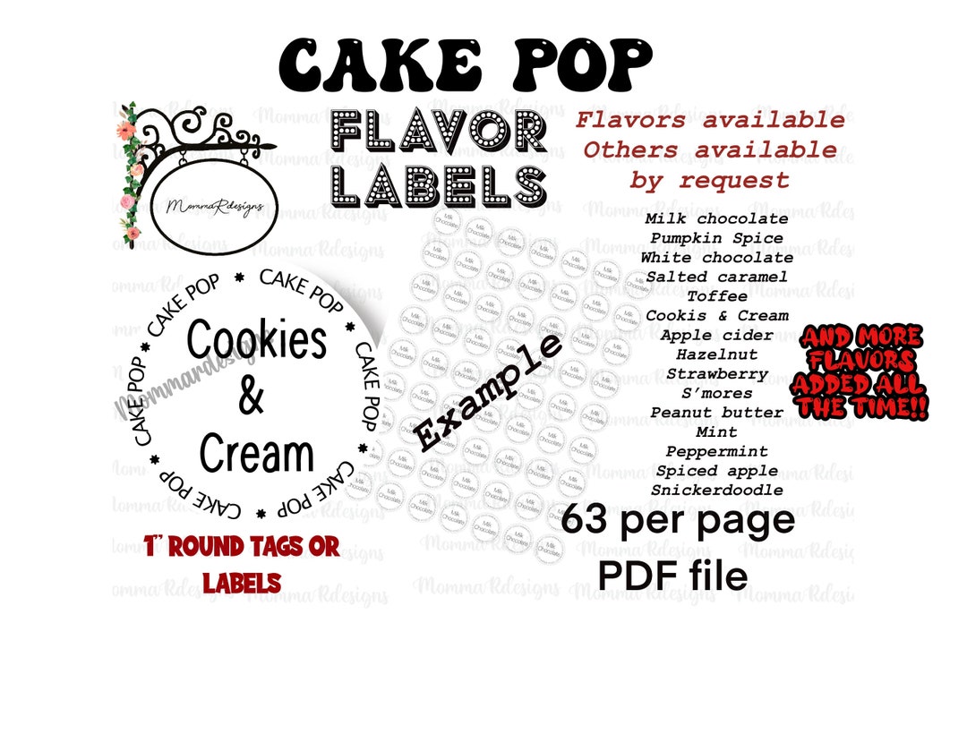 COOKIES and CREAM Cake Pop Flavor Tags, 1" Cake Pop Labels, Cookies N ...
