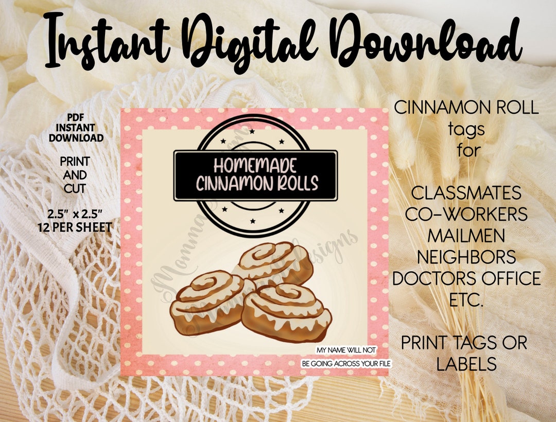Cinnamon Roll, Cinnamon Bun Tags, Square Labels 2-1/2” X 2-1/2 ...